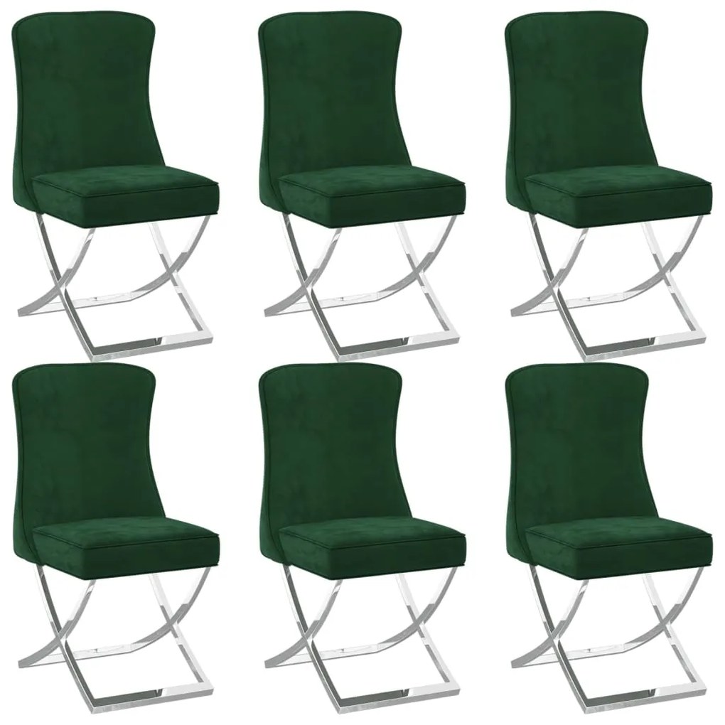 3074926 vidaXL Jídelní židle 6 ks tmavě zelené 53x52x98 cm samet a nerez ocel