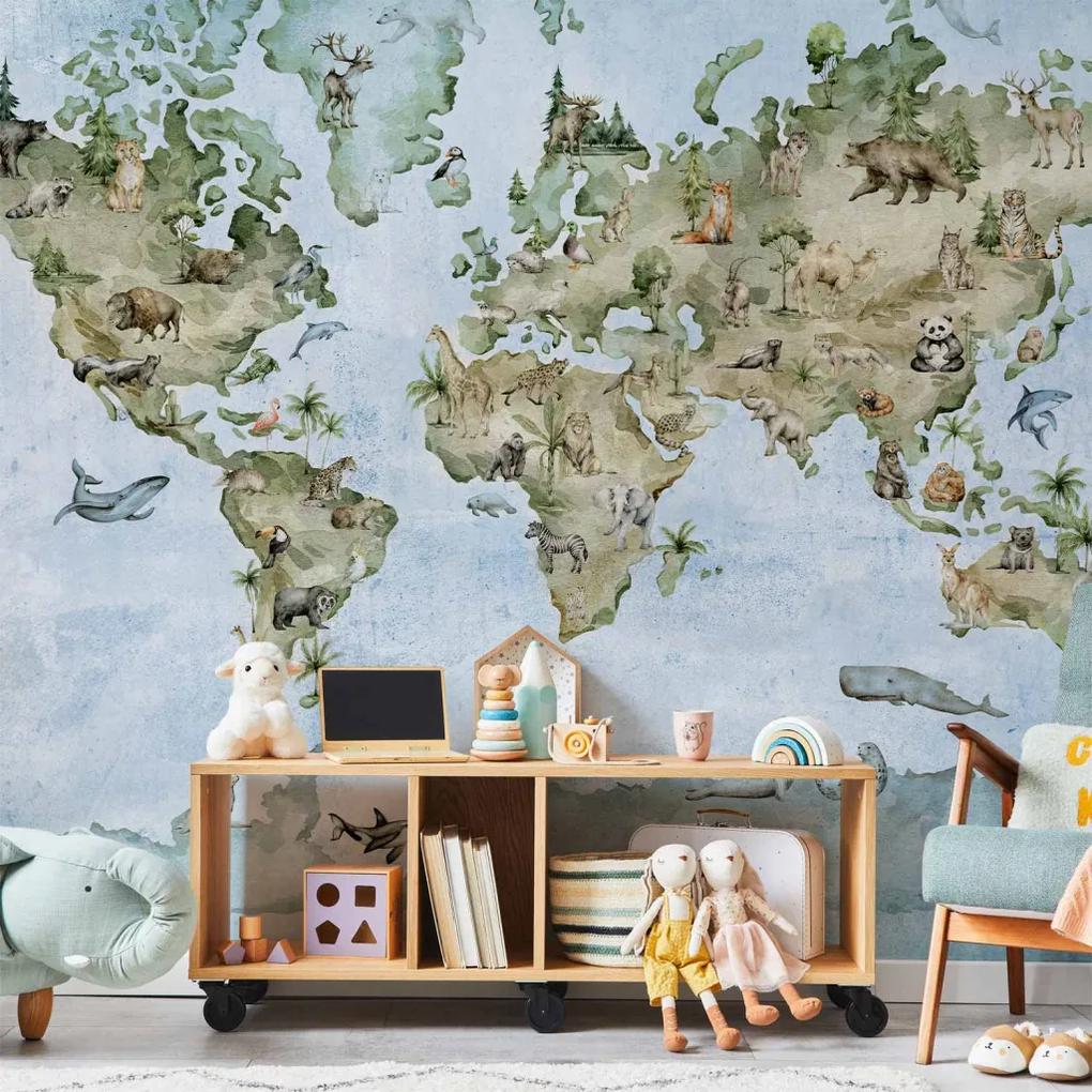 Fototapeta Malovaná mapa světa - různá zvířata na kontinentech pro děti