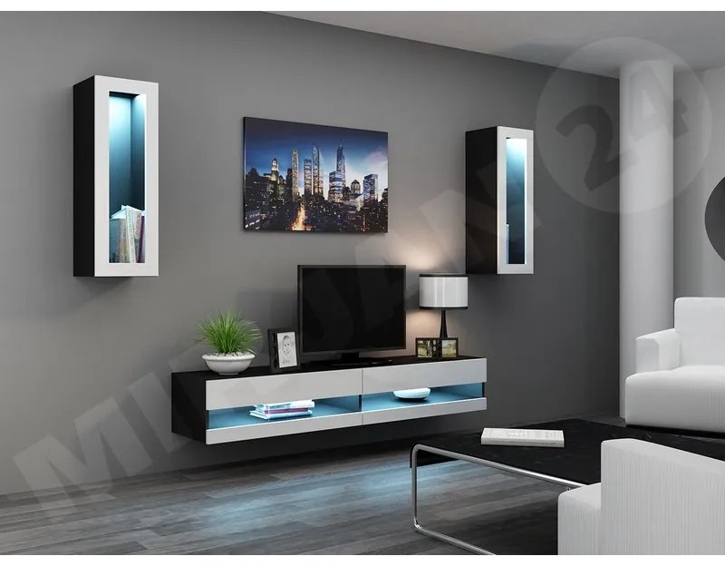Obývací stěna Zigo New XI, Osvětlení: osvětlení LED - modré, Barva: černý / černý lesk