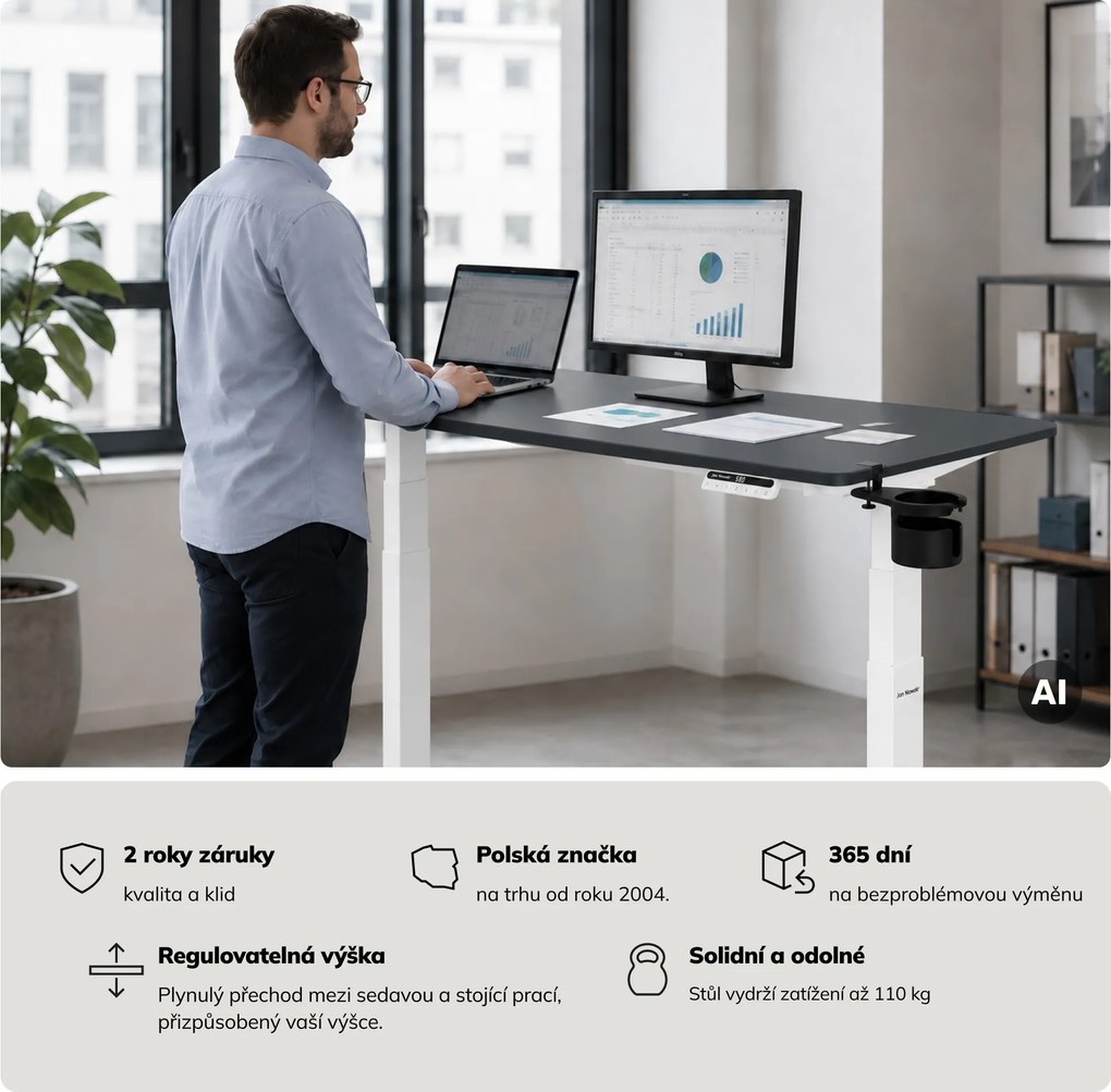 Elektrický stůl s nastavitelnou výškou ergonomický bílo-antracitový,1400x700 mm: ARIA