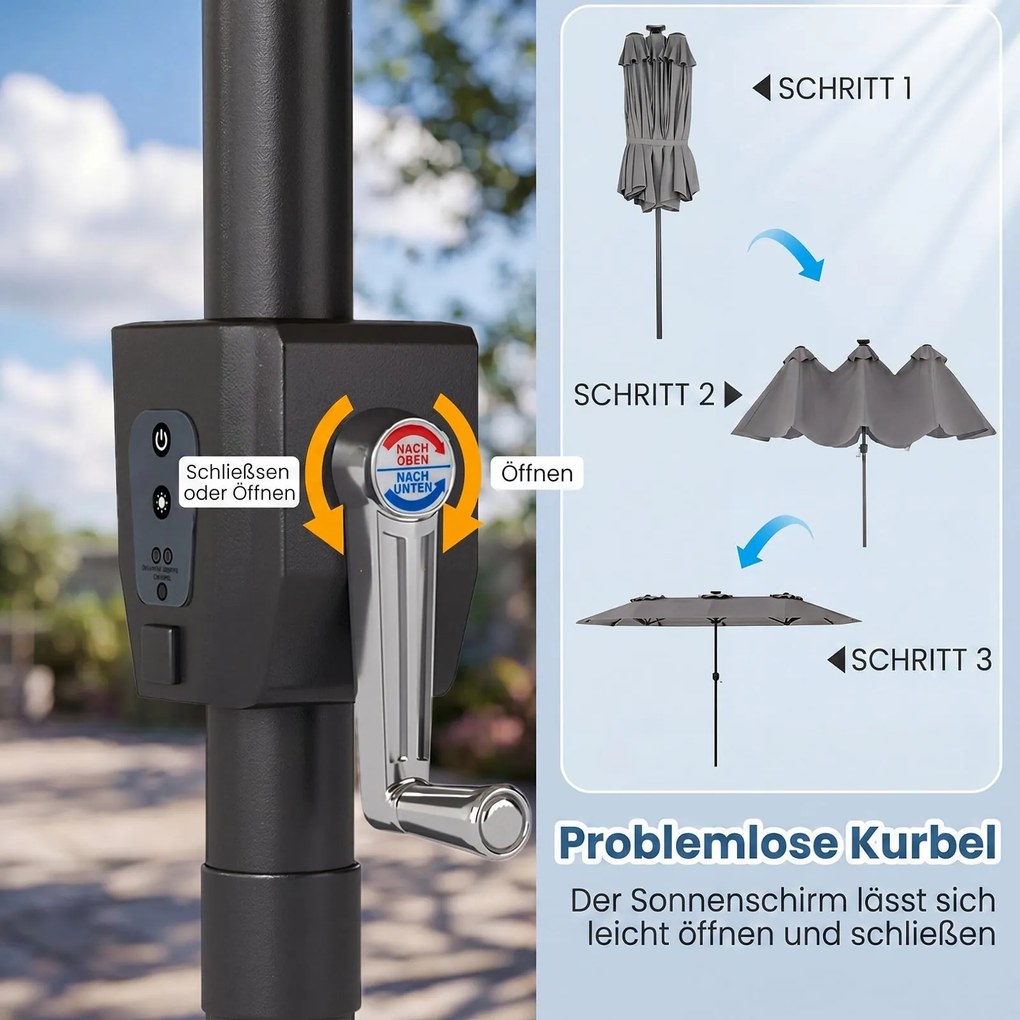 Costway Dvojitý slunečník s LED osvětlením Obdélníkový – 400 × 210 cm, šedá