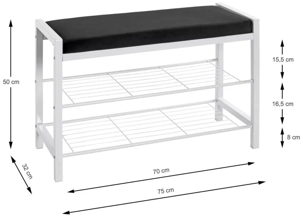 Předsíňová lavice s přihrádkou na boty Enya, bílá/černý sedák