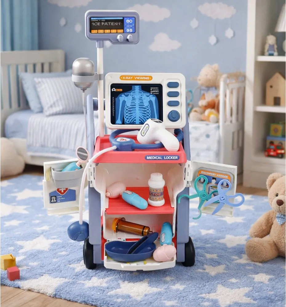 LEAN Toys Sada malého lékaře s vozíkem RTG a EKG, světla, růžová, 16 ks