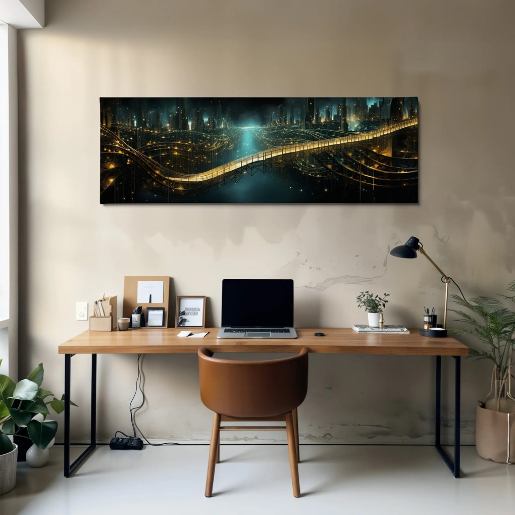 Obraz na plátně - Futuristické město - Přemostění času FeelHappy.cz Velikost obrazu: 120 x 40 cm