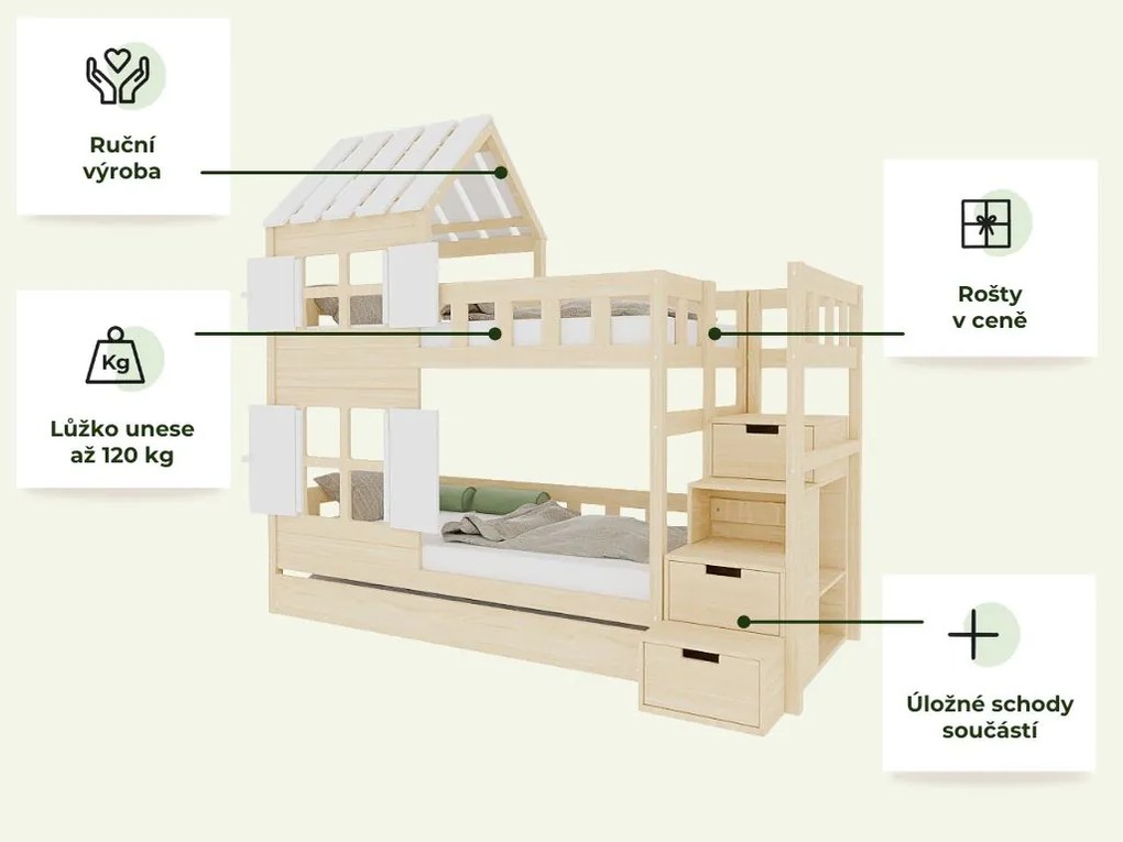Benlemi Patrová postel CHALOUPKA s poloviční střechou a úložnými schody 90x200 cm Zvolte barvu: Bílá s transparentně lakovanými prvky, Zvolte šuplík: Úložný šuplík, Zvolte stranu: Vlevo