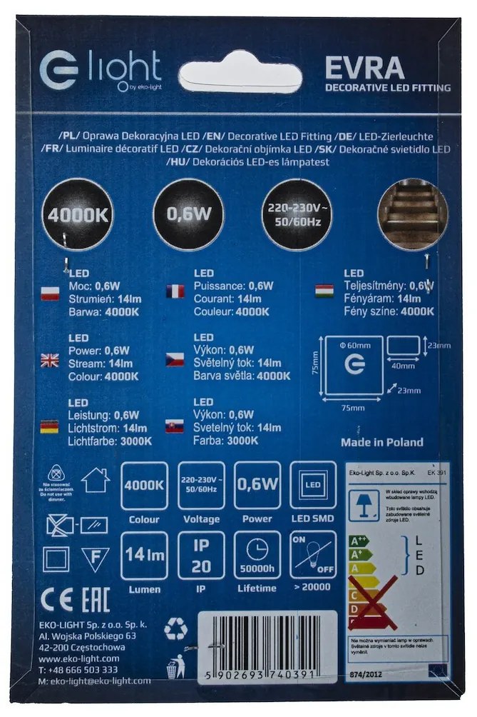 Schodišťové LED svítidlo Evra, 1x LED 0,6w, 4000k, s