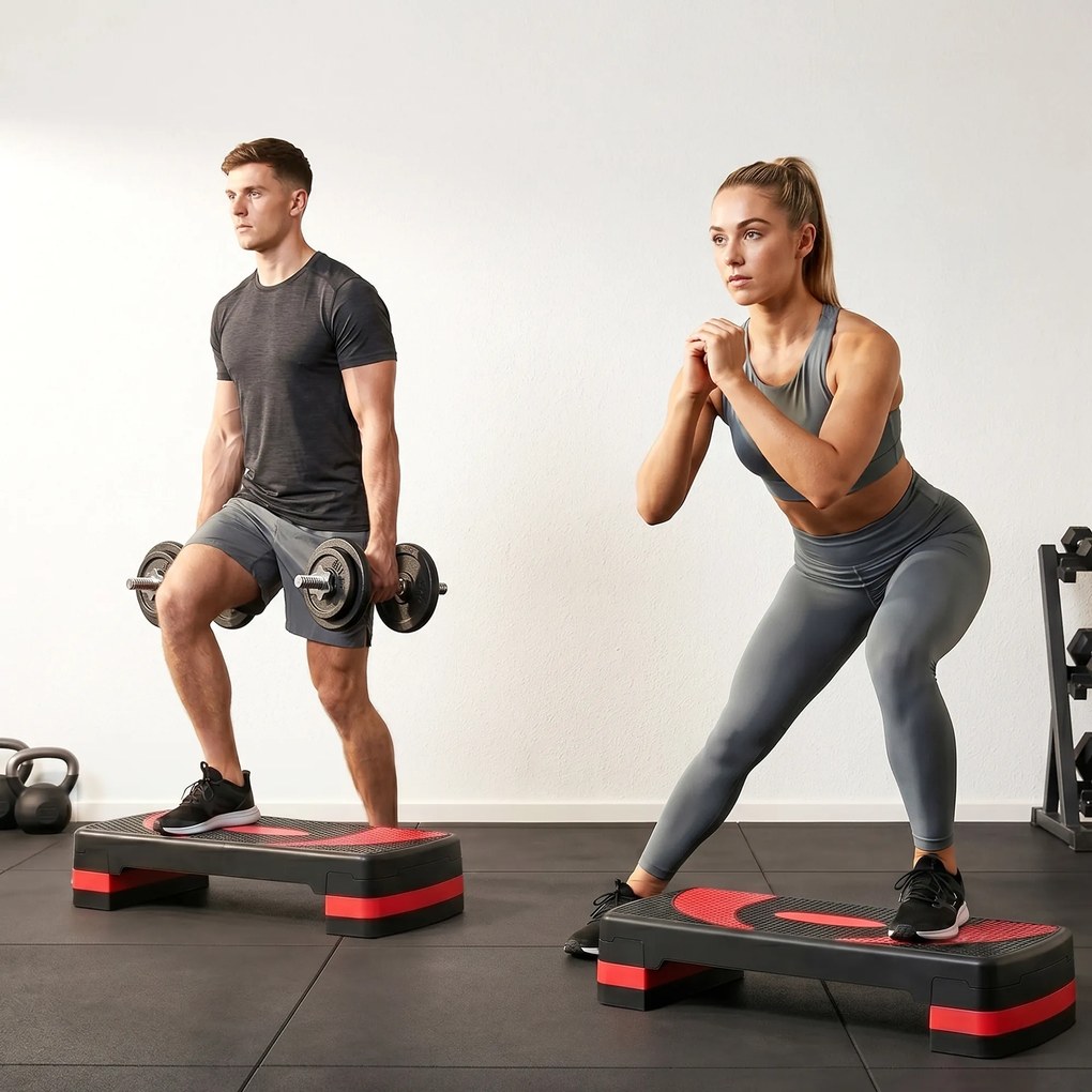 HOMCOM Aerobní stepper, výškově nastavitelné, pro vnitřní i venkovní použití, nosnost až 150 kg, 80 x 31 x 10-20 cm, Červený