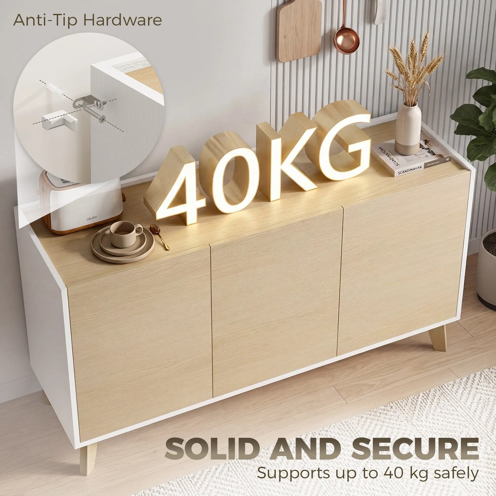 HOMCOM kuchyňské buffet, severský úložný nábytek, 3 dveře se soft-close, 6 přihrádek, přírodní vzhled dřeva a bílá