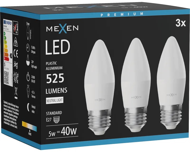 Mexen Nova 3x LED žárovka E27, C37, 5W, Neutrální - 4000K, 525 lm - L102-E27-0540-01x03