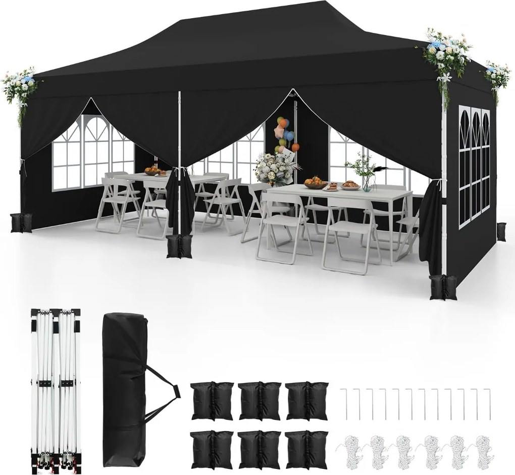 Costway Pavilon skládací pavilon s 6 odnímatelnými bočními stěnami a – černý
