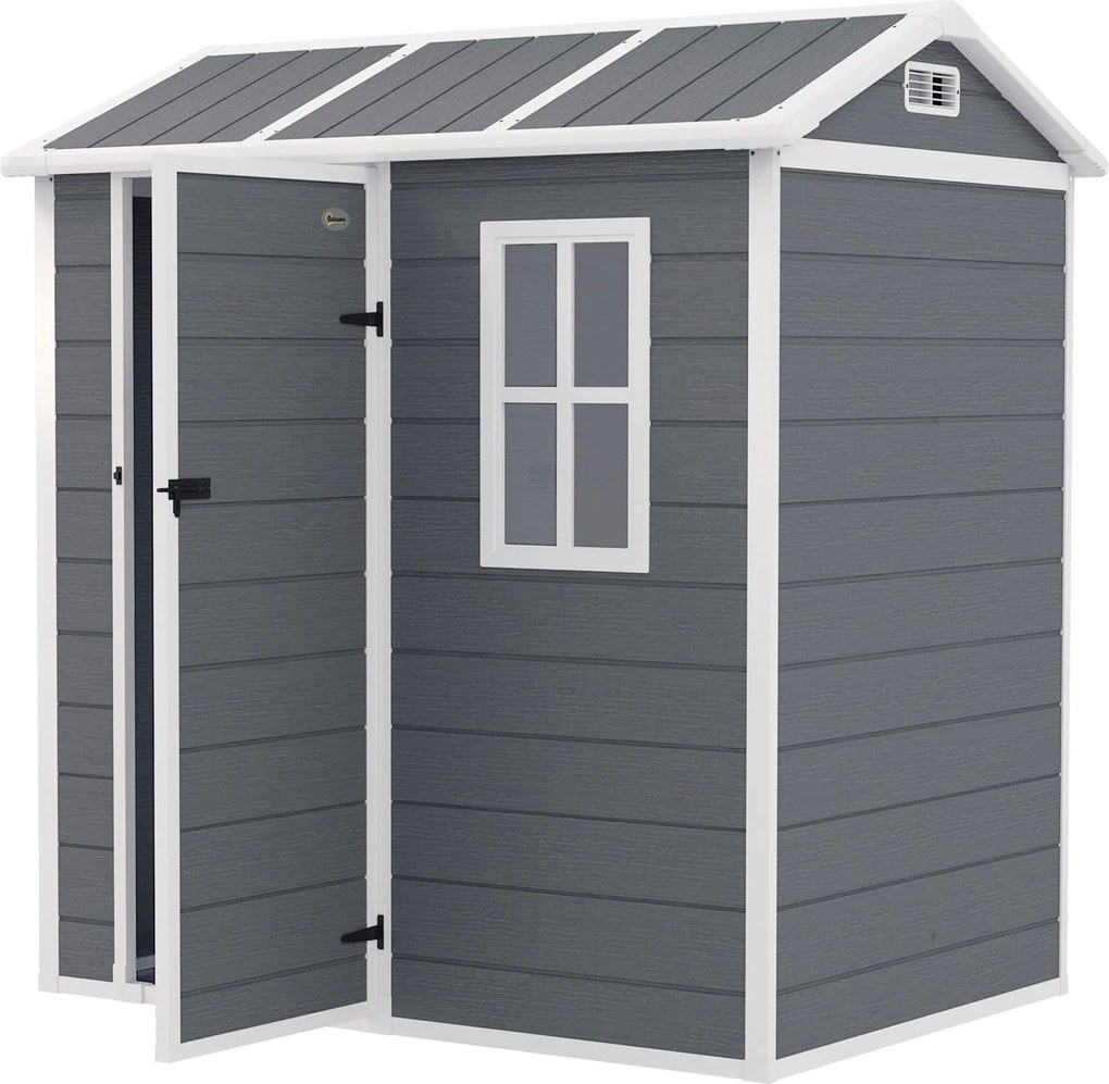 Outsunny Plastový Kůlna na Nástroje 2,1m² 186 x 130 x 199cm Zahradní Kůlna s Šikmou Střechou, Podlahou, Okénkem, Zámkem a Odolností proti Počasí pro Z