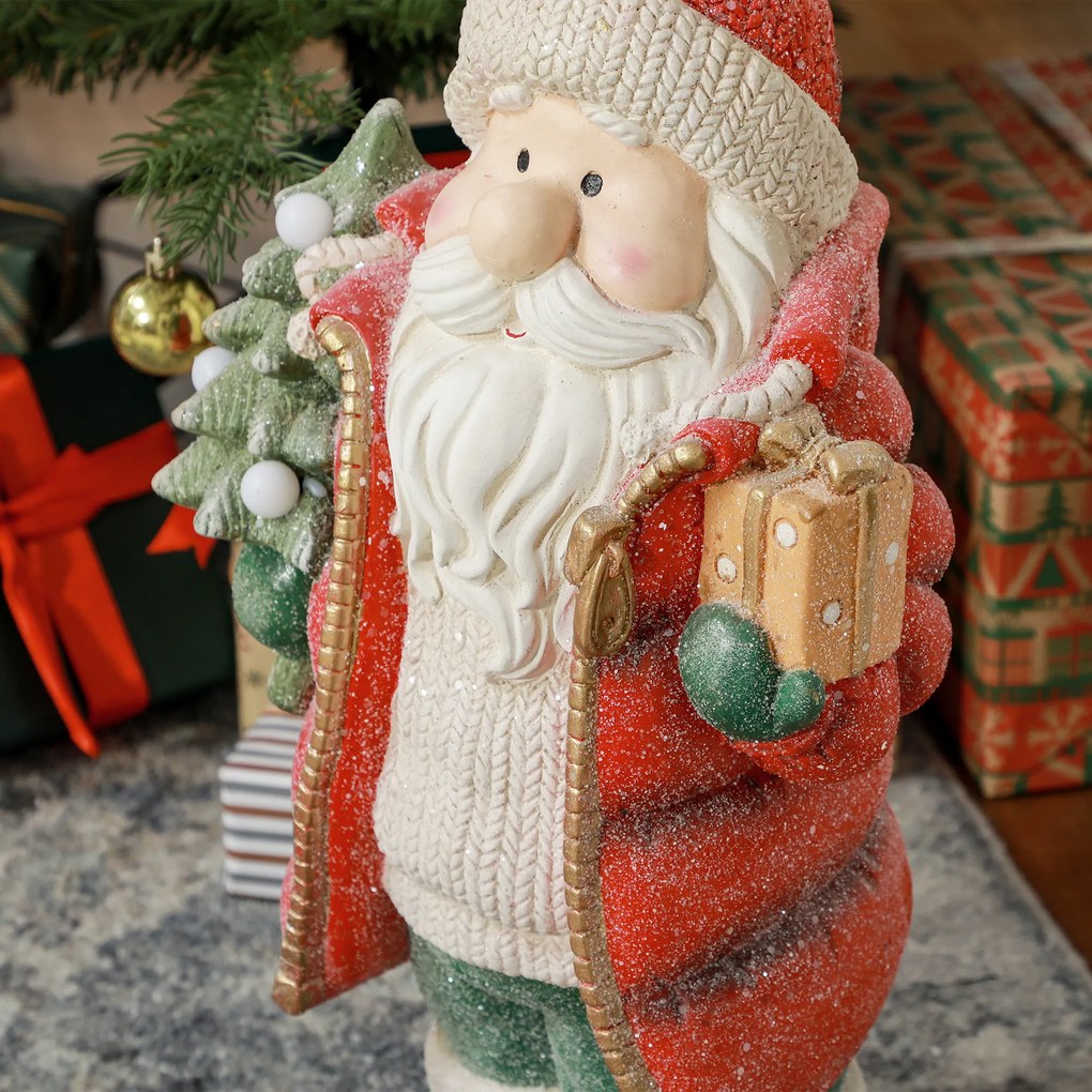 HOMCOM Figurína Santa Clause se stromkem a dárkem, 3 teplé bílé LED, na baterie, 50 cm