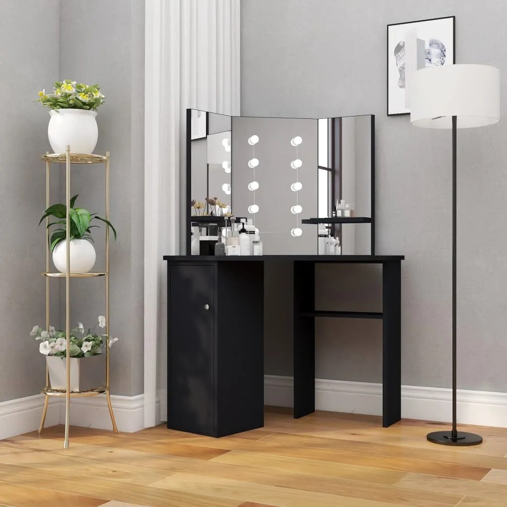 Rohový toaletní stolek s LED světlem černý 111 x 54 x 141,5 cm 326534