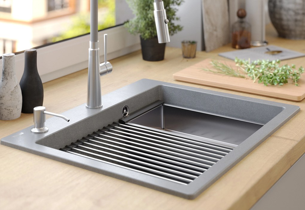 Šedý kuchyňský granitový dřez QUADRON Kurt 110 s příslušenstvím bez baterie