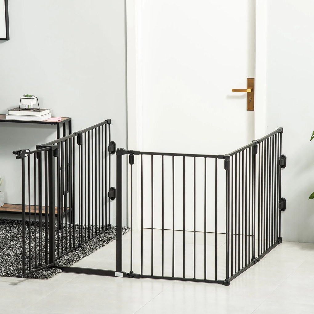 PawHut Bezpečnostní Bariera na Krb Modrý Ochranný Oplocení pro Domácí Zvířata Modulární Skládací 6 Panelů s Dveřmi Bez Vrtání 362,5 x 76 cm Černá