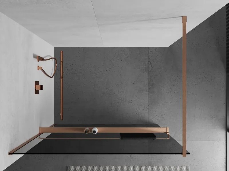 Mexen Kioto+, sprchová zástěna Walk-In s poličkou a věšákem 100 x 200 cm, 8mm šedé sklo, měděný matný profil, 800-100-121-65-40