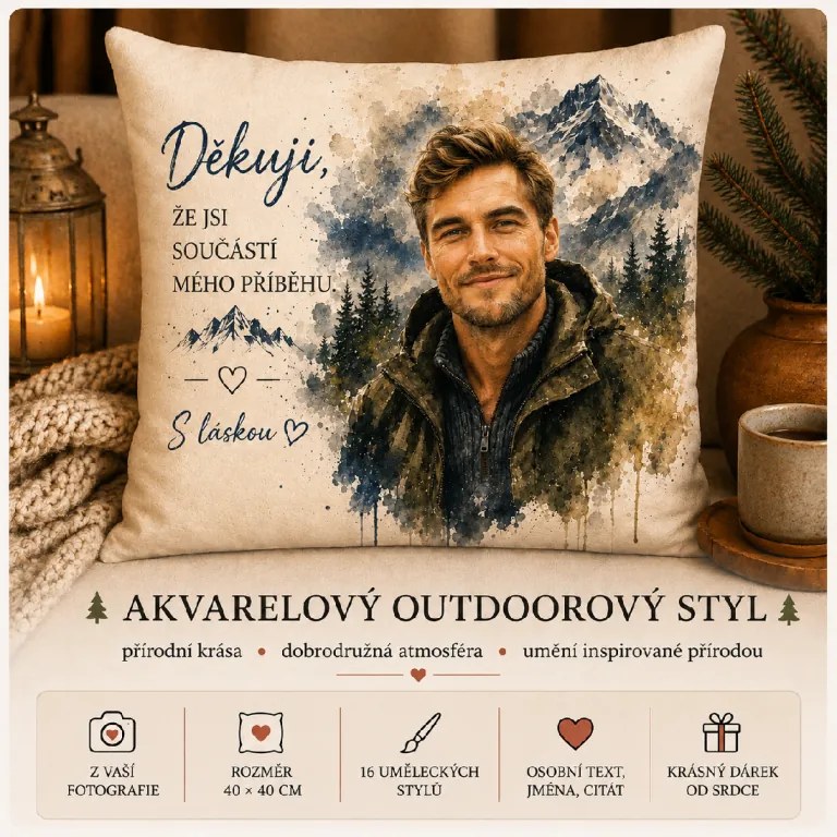 Personalizovaný polštář z fotografie – umělecký portrét 45 × 45 cm Styl portrétu:: Perokresba