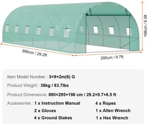 Walk-in tunelový skleník 8,9 × 2,96 × 1,98 m pozinkovaný rám PE kryt zelený