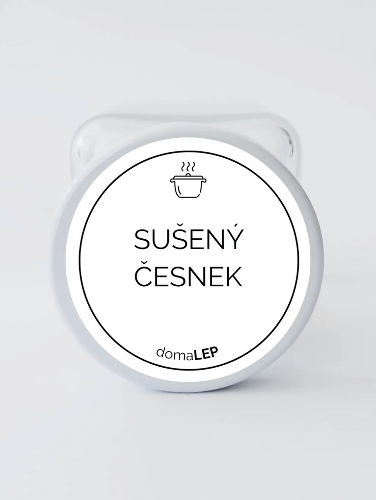 Samolepka na kořenky SUŠENÝ ČESNEK bílá 5 cm základní písmo