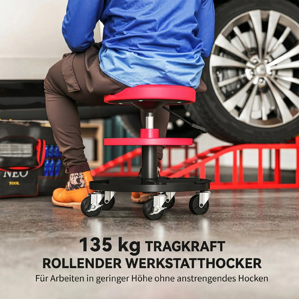 HOMCOM V dílně s kolečky – nastavitelné výškové stolky 40-51 cm – stolička s otočným sedadlem až 135 kg – stolička do dílny Ø38 cm – červená
