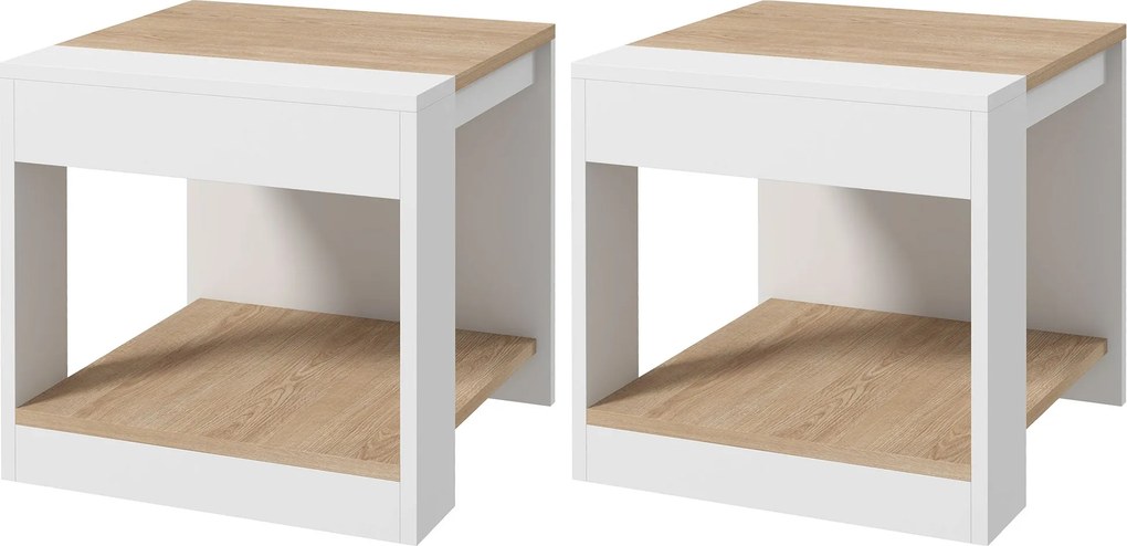 HOMCOM Sada 2 rustikálních dřevěných nočních stolků pro obývací pokoj a ložnici 40 x 45 cm Bílá a Přírodní