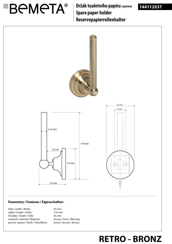 Bemeta Design RETRO bronz: Držák toaletního papíru rezervní -