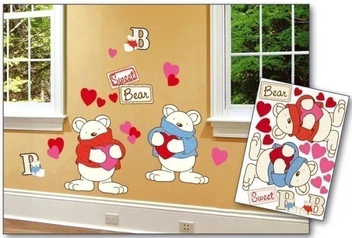 ST1 001 Samolepicí dekorace na zeď - Medvídci | 50x 70 cm | bílá, červená, růžová, modrá
