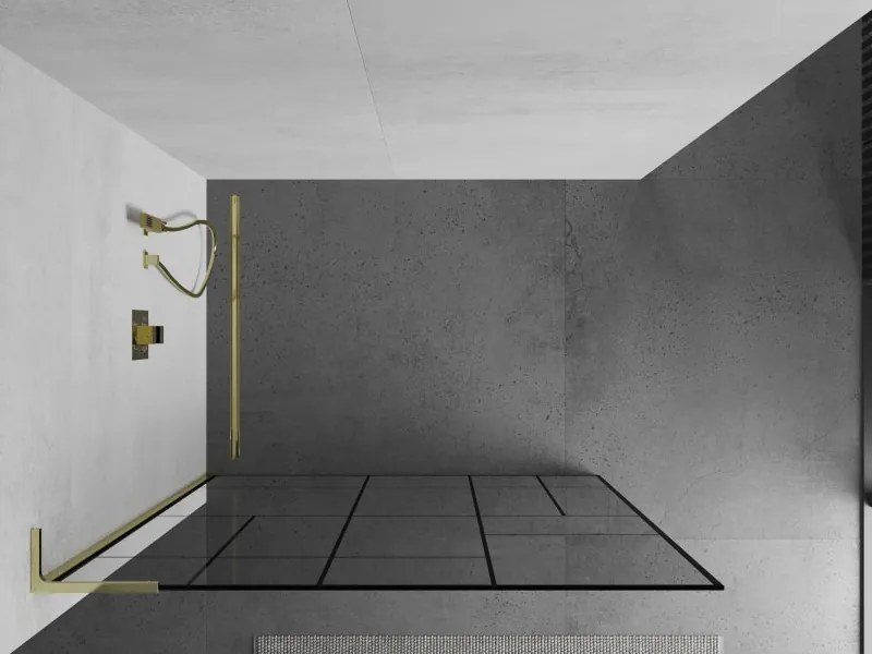 Mexen Kioto L, sprchová zástěna Walk-In 90 x 200 cm, 8mm čiré sklo černý vzor, ​​zlatý lesklý profil, 800-090-103-50-78