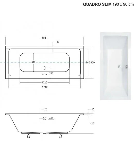 BESCO Obdélníková vana QUADRO SLIM Nožičky k vaně - S nožičkami, Rozměr vany - 190 × 90 cm VANQAUD190SLIM+OLVPINOZSTELWD