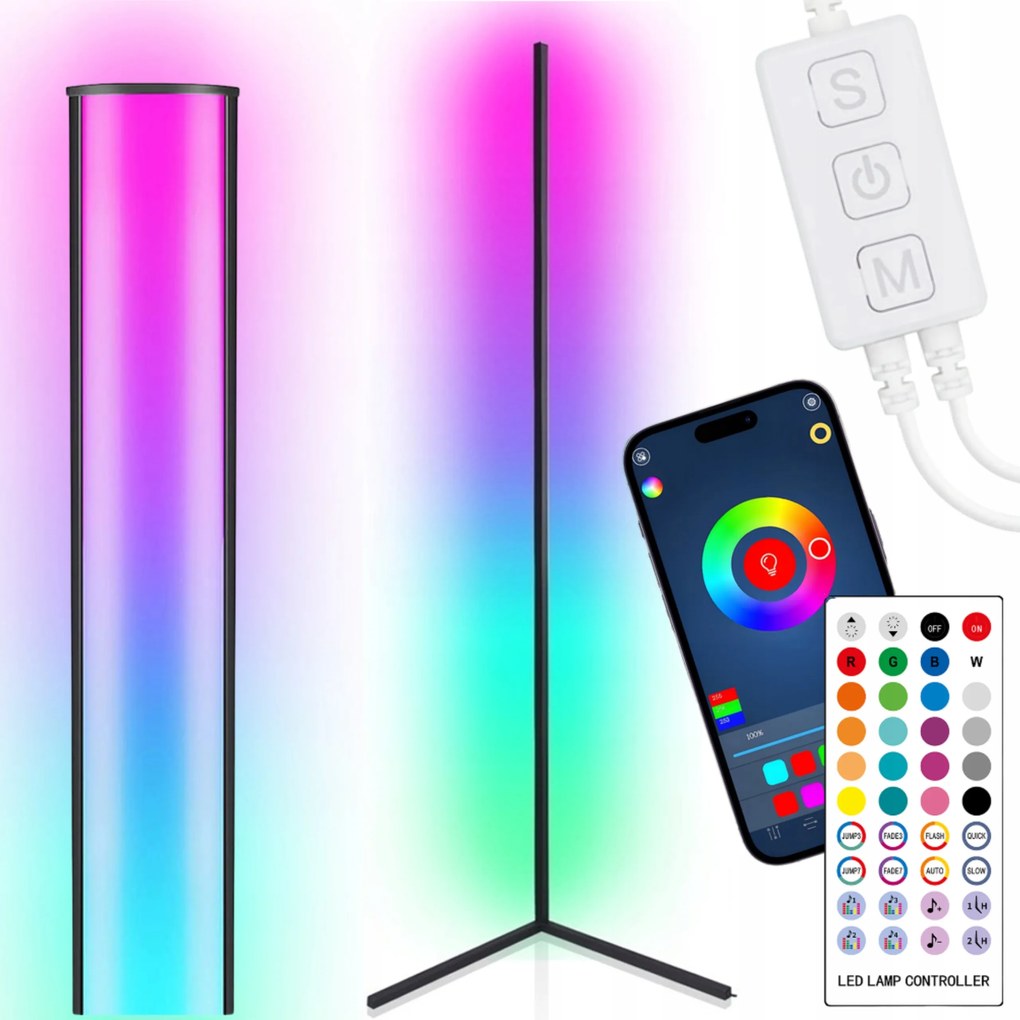 Podlahová Rohová Stojací Led Lampa Rgb 152 CM Dálkový Ovladač, Aplikace Bluetooth