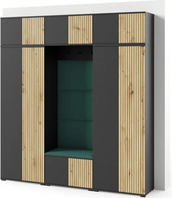Eka Předsíňová stěna s čalouněnými panely Joey 4 - Černá a Dub Artisan / Tmavá zelená 2328