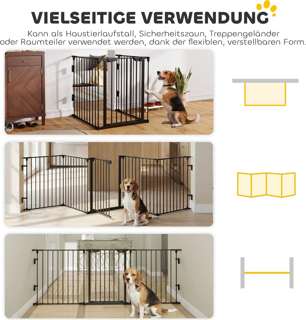 PawHut 2 v 1 výběh pro štěňata 5-TLG Skládací ohrádka s dvířky pro malé a střední psy, DIY ohrádka pro štěňata 300 x 74,5 cm kovová černá