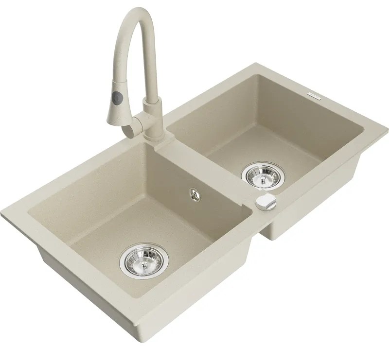 Mexen Mario, 2-komorový granitový dřez 820x436x161 mm a dřezová baterie Elia, béžová, 6504-69-670101-69