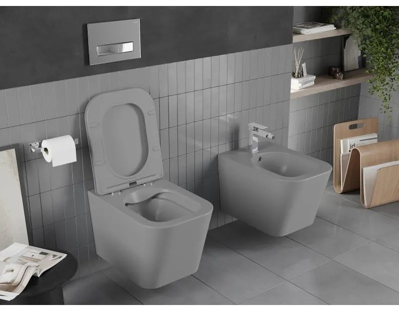 Mexen Teo WC mísa Rimless s pomalu padající deskou slim, duroplast, Světle matová šedá - 30854061