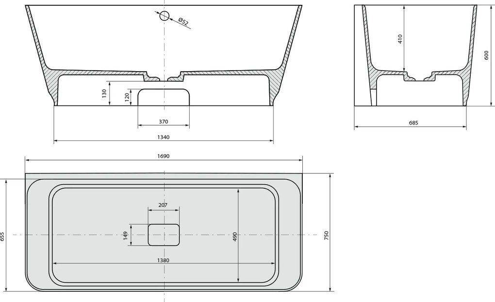 Polysan Skylla vana nástěnná stojící 169 x 75 cm litý mramor antracit mat 72430.51