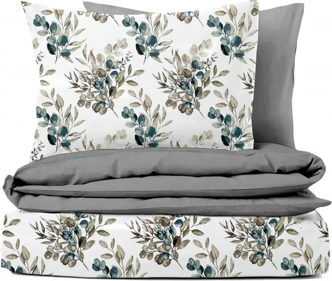 Ervi Bavlněné povlečení oboustranné - eukalyptové větvičky/šedé