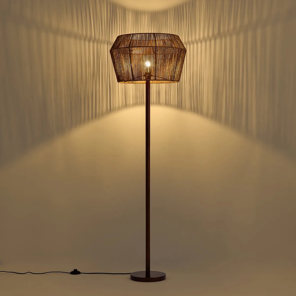 Stojací lampa z ořechového dřeva s hnědým stínidlem z papírového provazu 50/50/30 - Mels