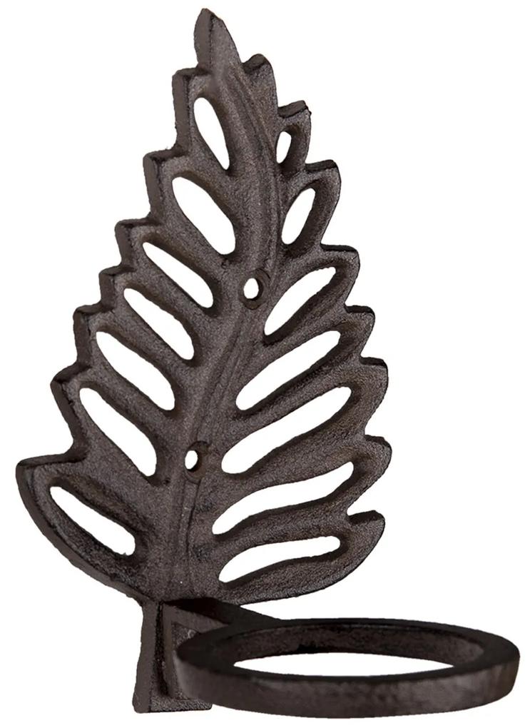 Hnědo černý litinový držák na svíčku ve tvaru listu - 10*12*17 cm