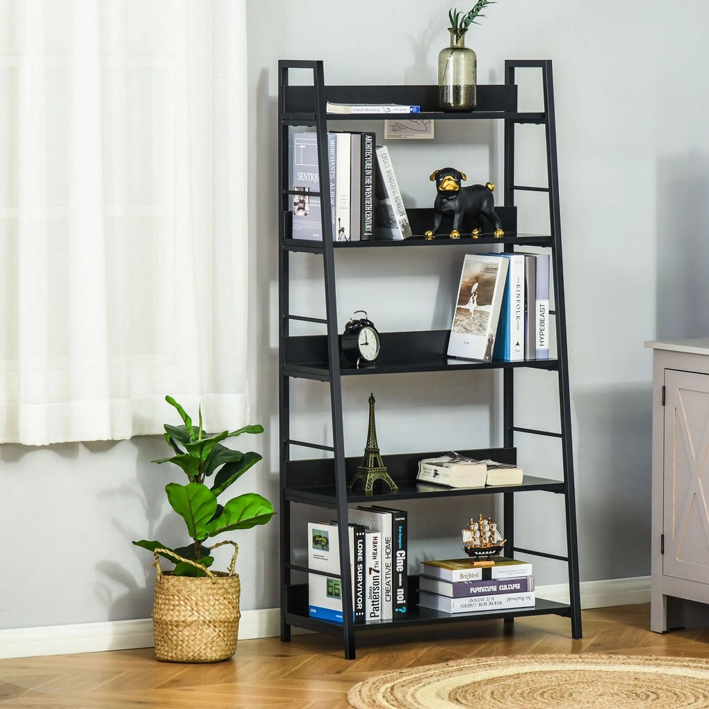 HOMCOM Knihovna v Průmyslovém Stylu - Opěrná 5 Policová 70L x 35Š x 150V cm Černá