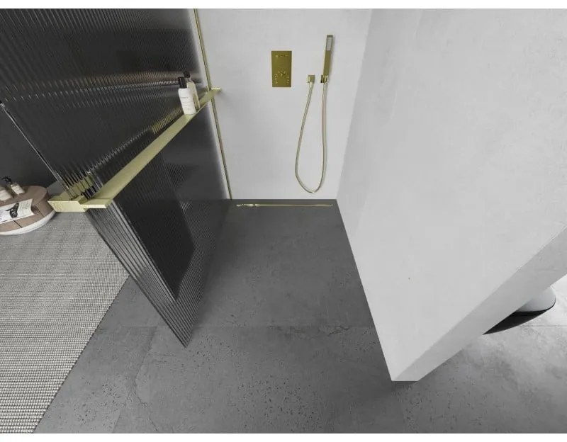 Mexen Kioto+, sprchová zástěna Walk-In s poličkou a věšákem 120 x 200 cm, 8mm sklo s žebrovým vzorem, zlatý matný profil, 800-120-121-55-09