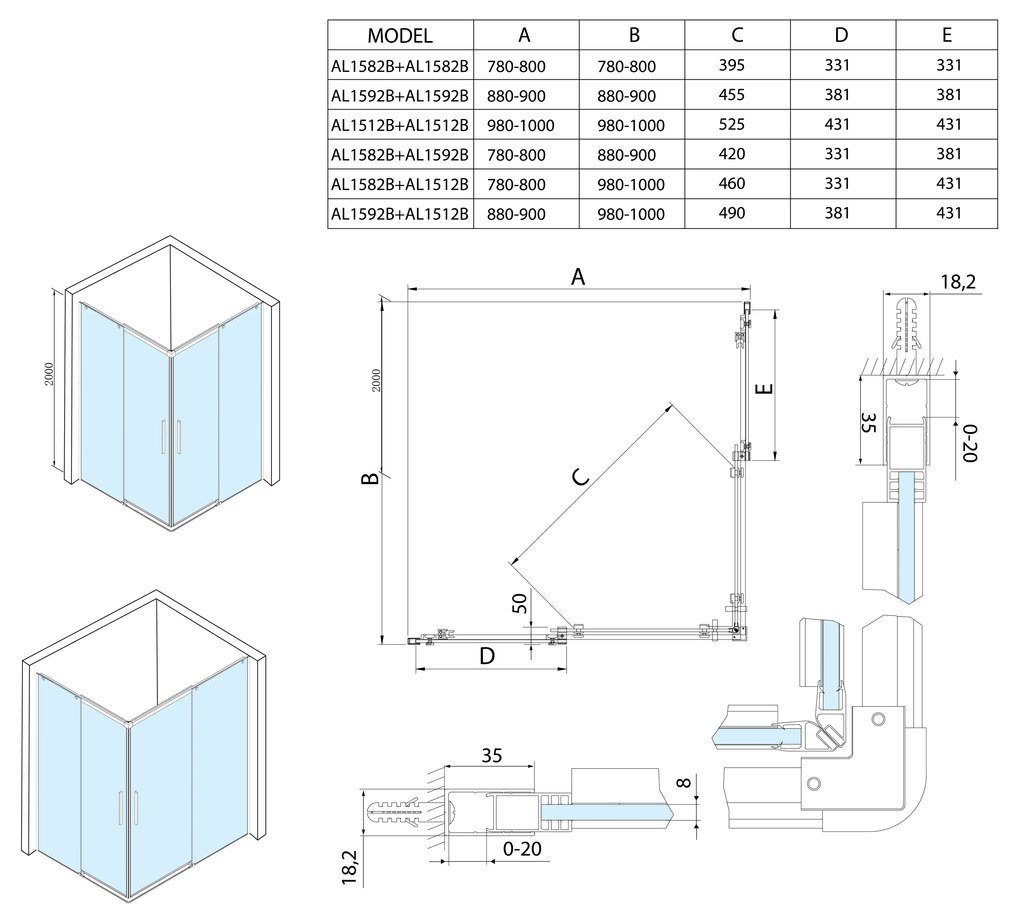 Polysan, ALTIS LINE BLACK obdélníková sprchová zástěna 1000x800 mm, L/P varianta, rohový vstup, AL1512BAL1582B