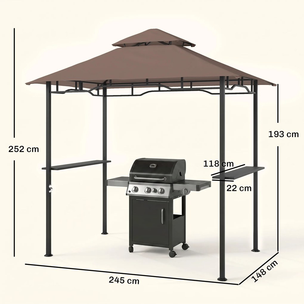 Grilovací pavilon Outsunny – zahradní stříška s policemi, nehořlavá dvojitá střecha, káva hnědá 245 x 148 x 252 cm