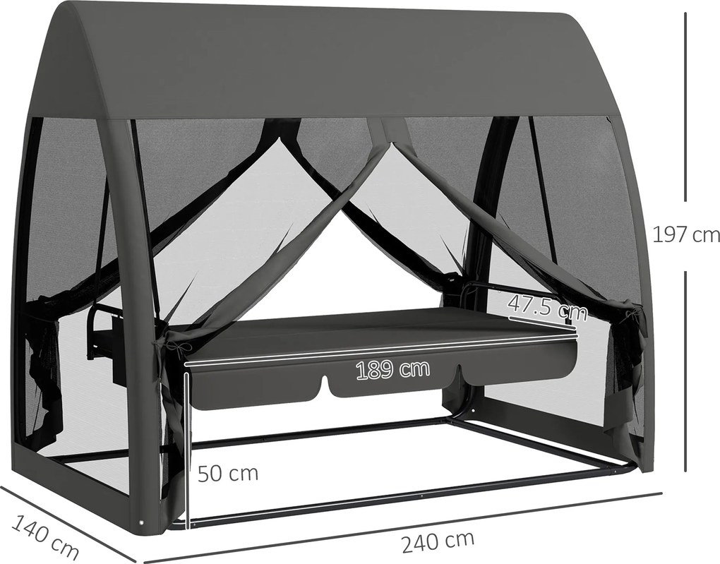 Outsunny 2-v-1 Hollywoodská houpačka s ležící funkcí - 3-místná zahradní houpačka s markýzou a síťkou proti hmyzu, nosnost až 300 kg, lehátko do zahr…
