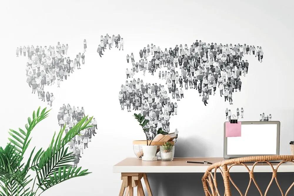Tapeta černobílá mapa světa sestávající z lidí - 375x250 cm
