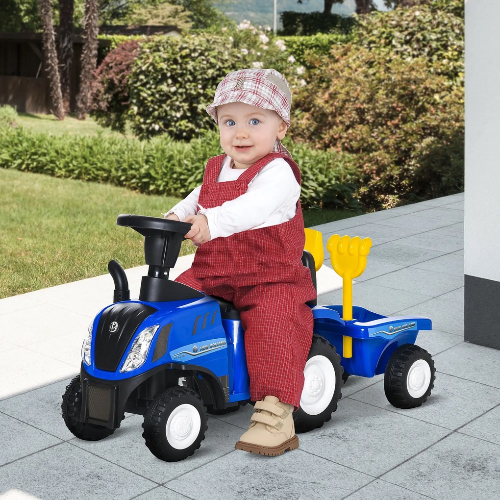 HOMCOM dětské autíčko dětské autíčko NEW HOLLAND jezdící autíčko klasické chodítko s klaksonem plastové kovové modré | Aosom