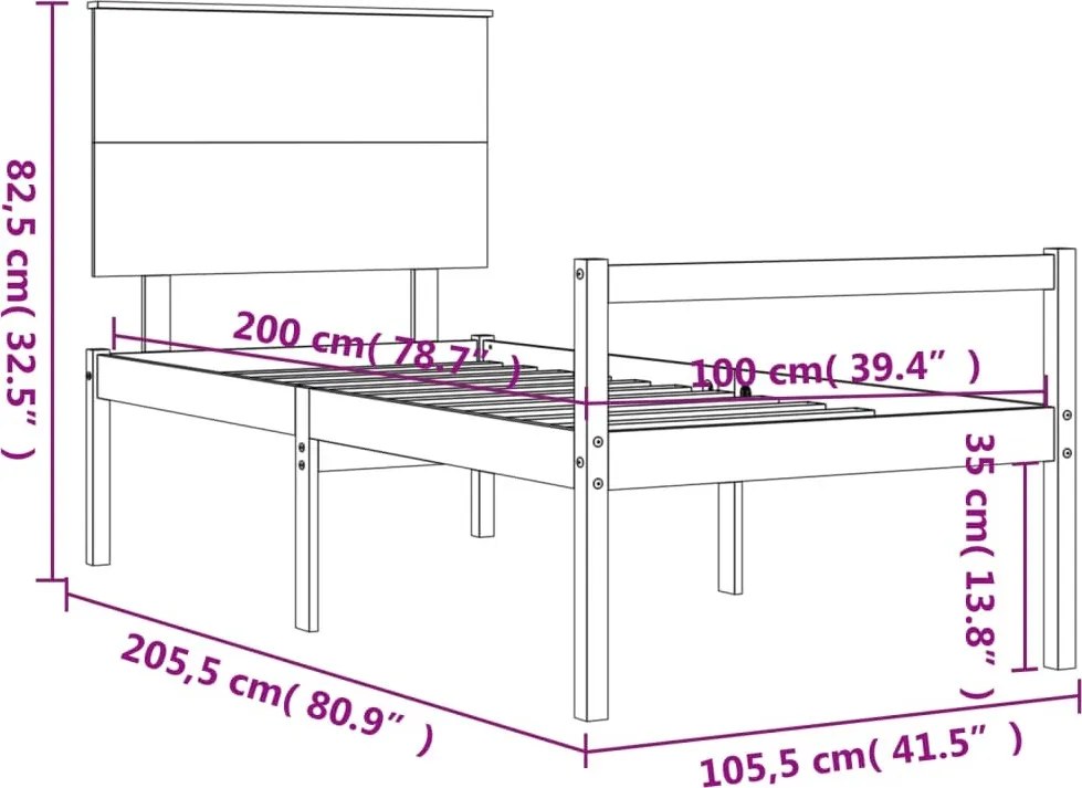 vidaXL Postel s čelem pro seniory 100x200 cm masivní dřevo [3195473] Barva: Přírodní