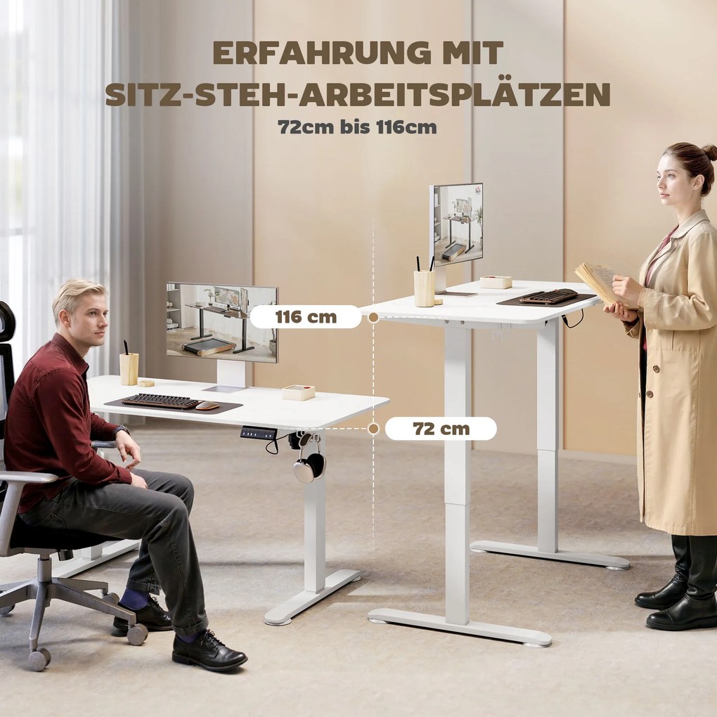 Vinsetto Výškově nastavitelný stůl 140x70cm Elektrický počítačový stůl 4 Paměť Ergonomické sedadlo Stojící stůl Háček proti kolizi Bílý