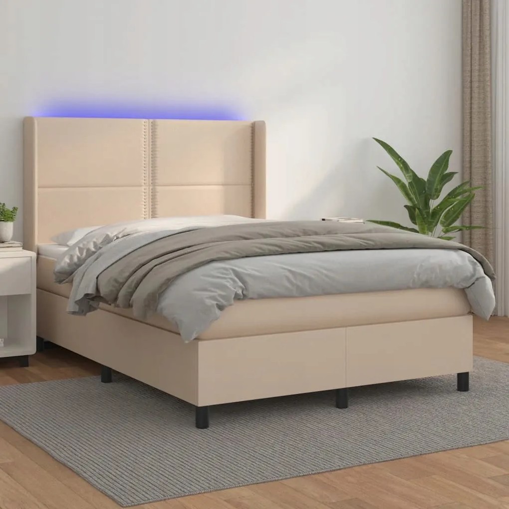 Box Spring Postel Matrace A Led 180X200Cm Umělá Kůže Cappuccino Hladké s hř