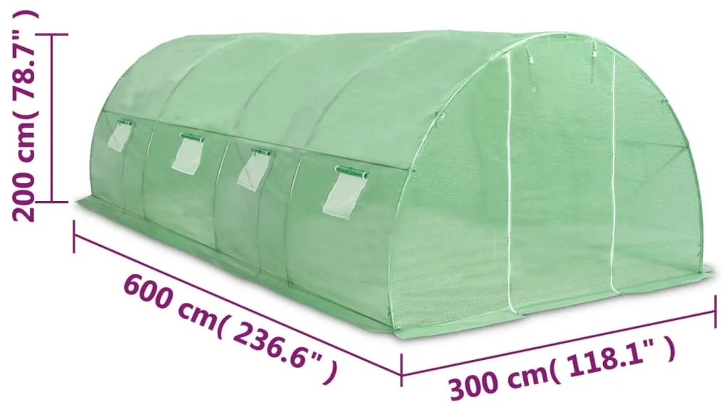 vidaXL Marketos Fóliovník 18 m² 600 x 300 x 200 cm