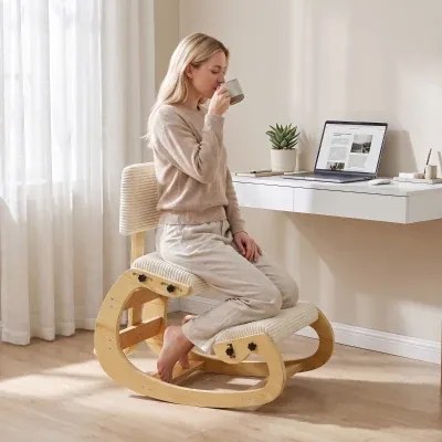 HOMCOM Ergonomická kolenní židle, kolenní stolička se záhlavím, vzhled manšestru, kancelářská židle do domácnosti, kanceláře, meditace, krémově bílá